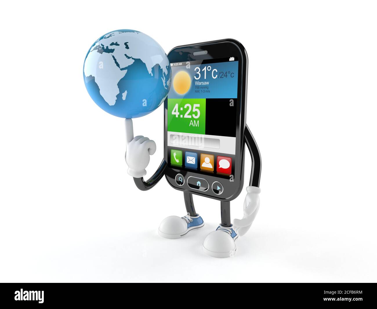 Smart phone character with world globe isolated on white background ...