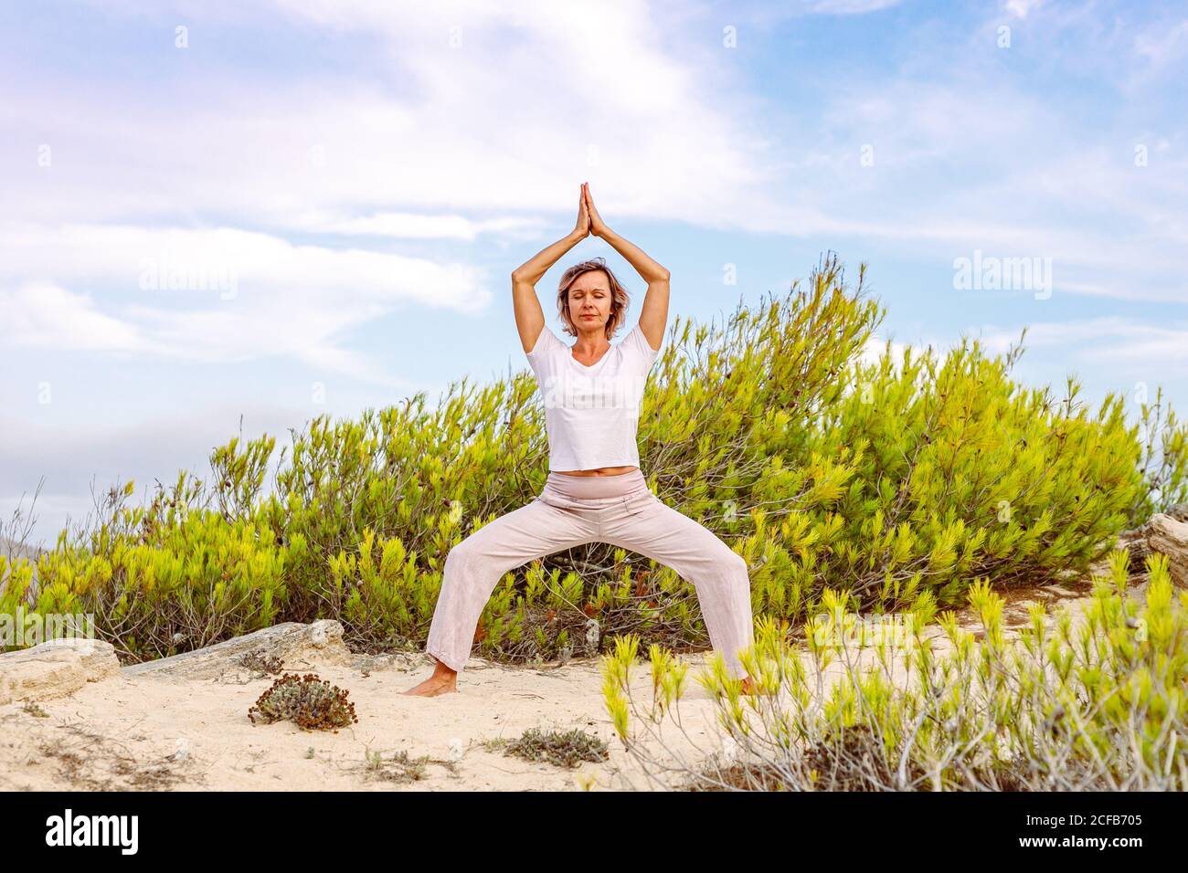 Adult lady meditating near bush Stock Photo - Alamy