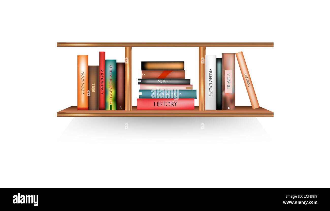 Realistic book volumes with empty spines and pot stand in row at rack ...