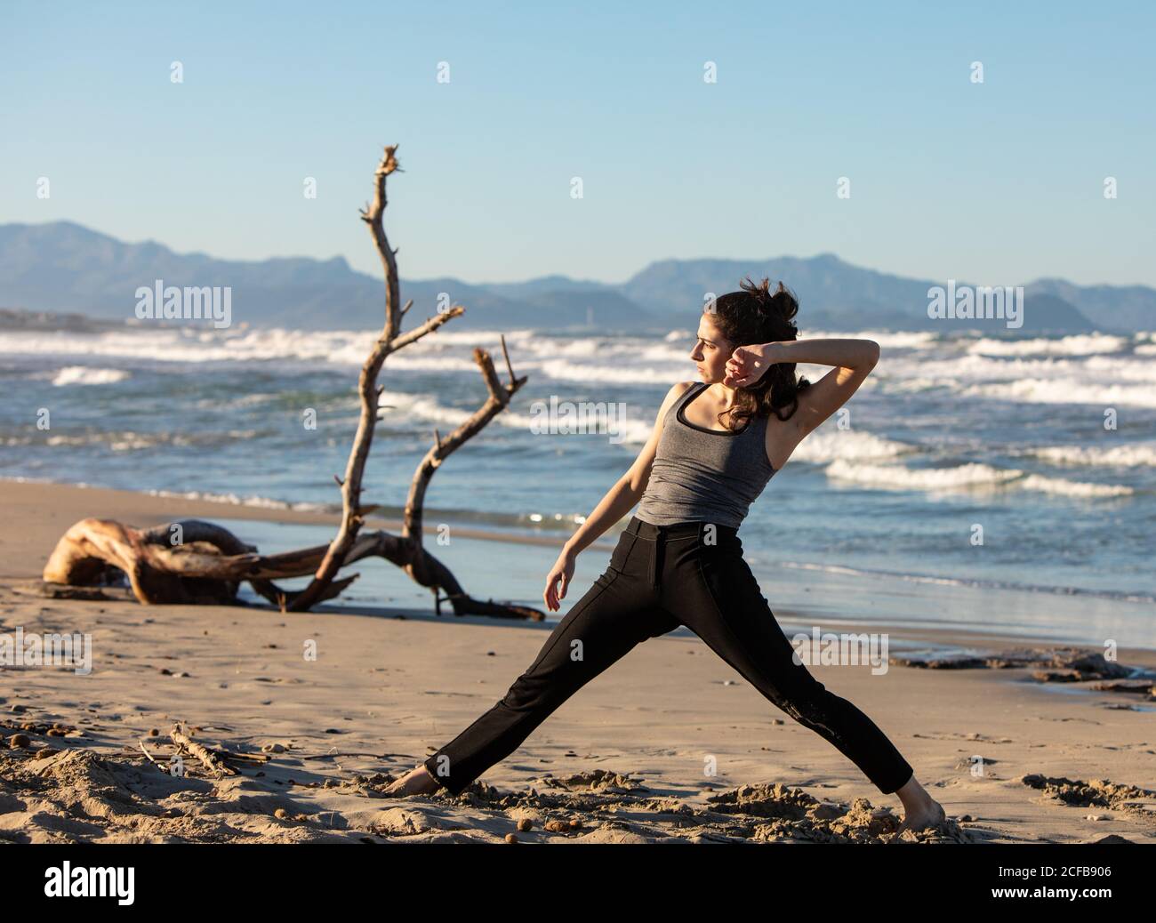 Young dancer posing near tree trunk on sand coast with waving sea and ...