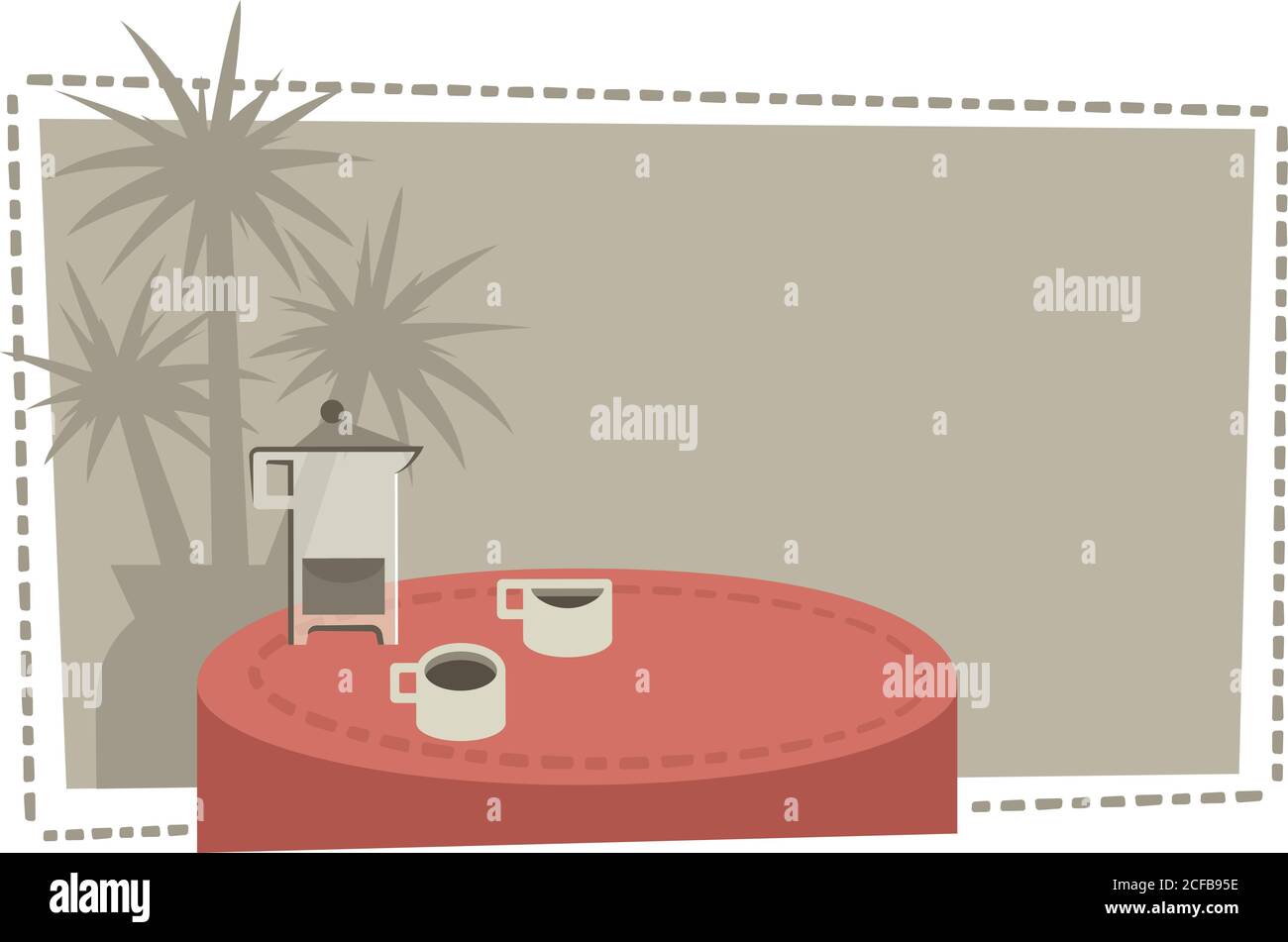 Illustration of a round table with a coffee pot and two cups of coffee ...