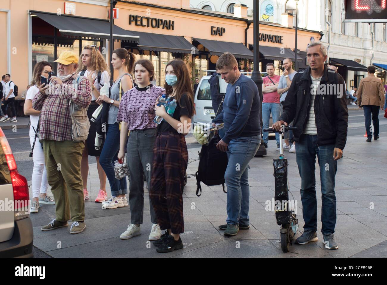 Moscow, Russia - 15 August, 2020, A large crowd of people is waiting ...