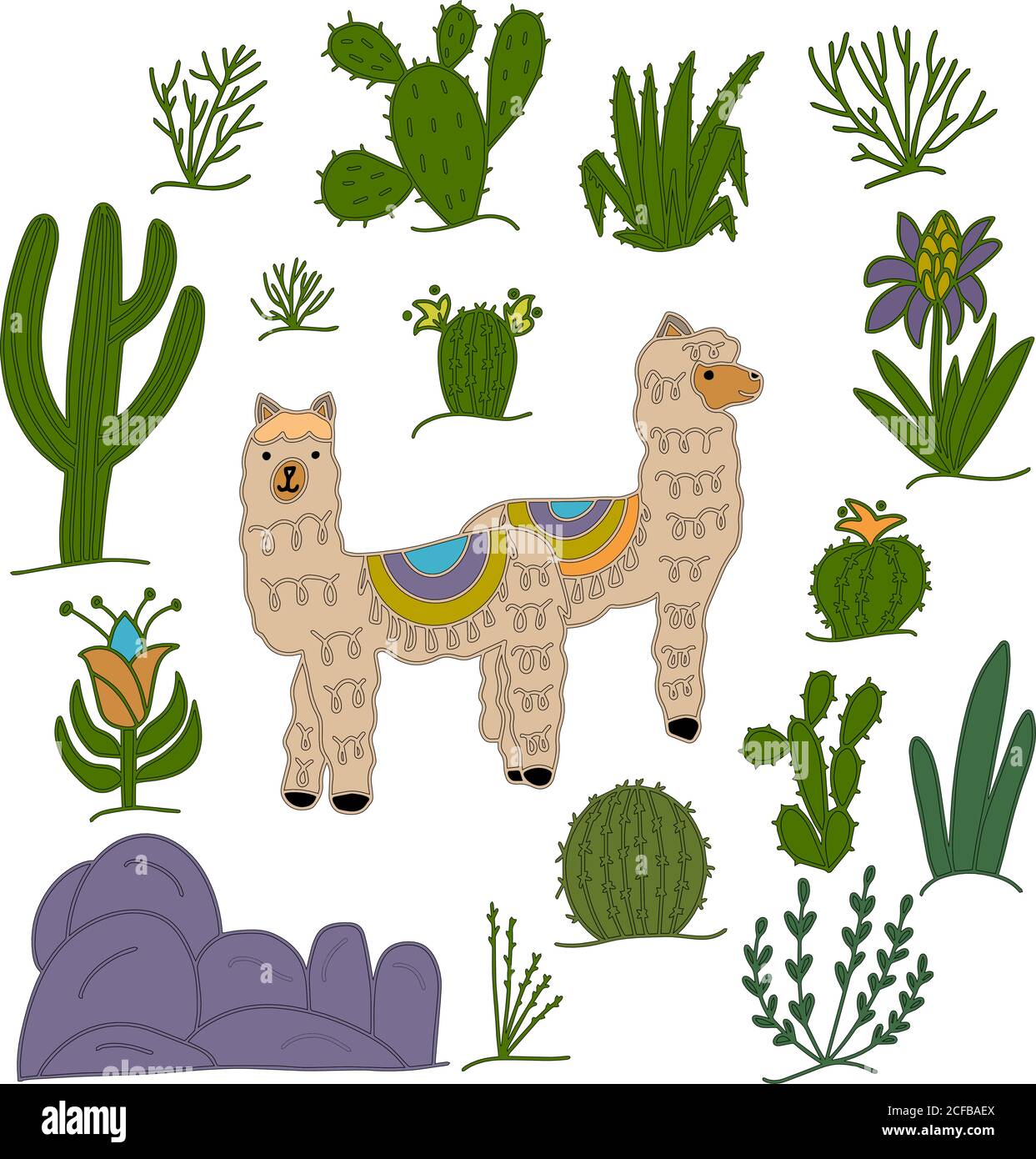 Set of cute cartoon alpacas and cactuses on a white background in ...