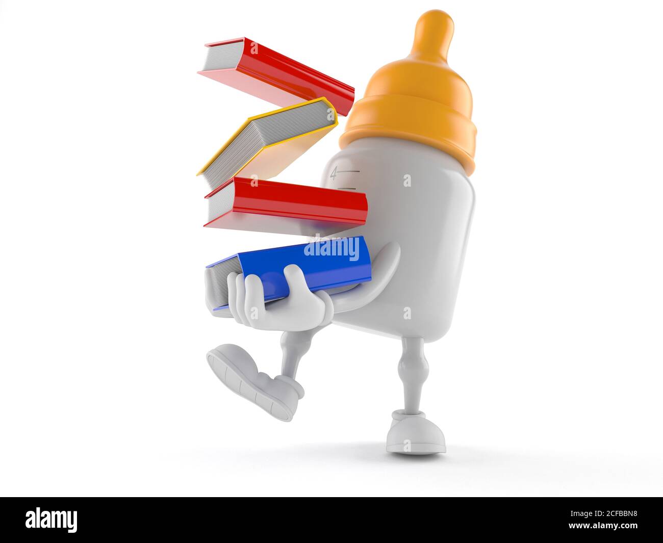 Baby bottle character carrying books isolated on white background Stock ...