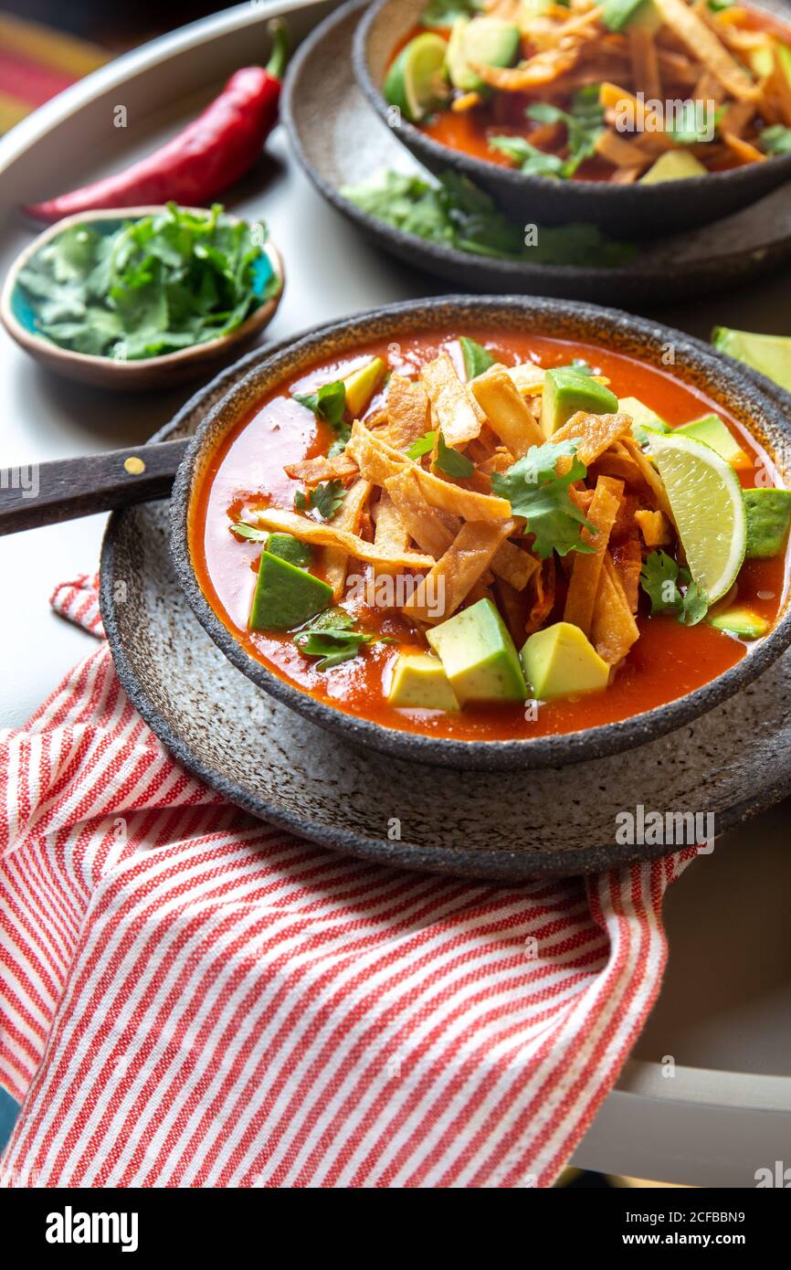 Aztec soup. Close up of mexican tortilla soup Sopa Azteca Stock Photo ...