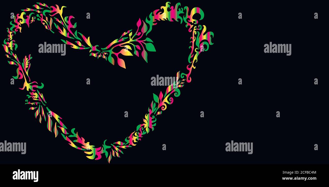 Romantic floral love heart psychedelic frame background grass leaf neon ...