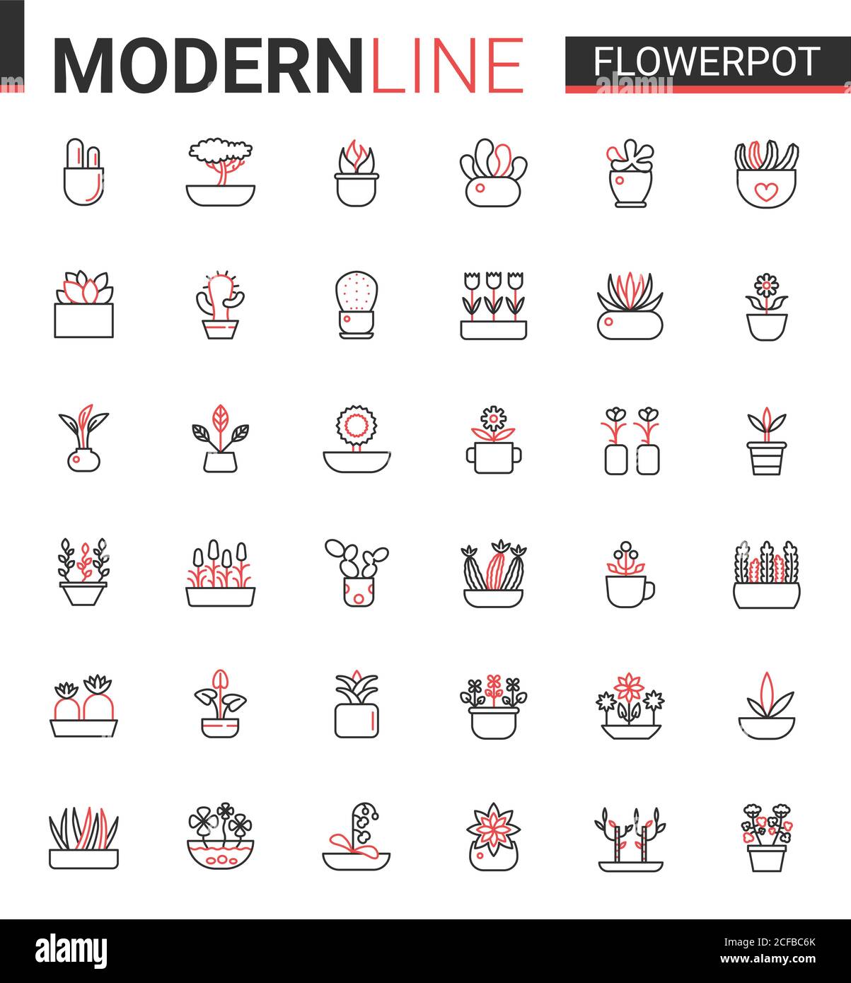 Flower pots for home garden flat thin red black line icon vector ...