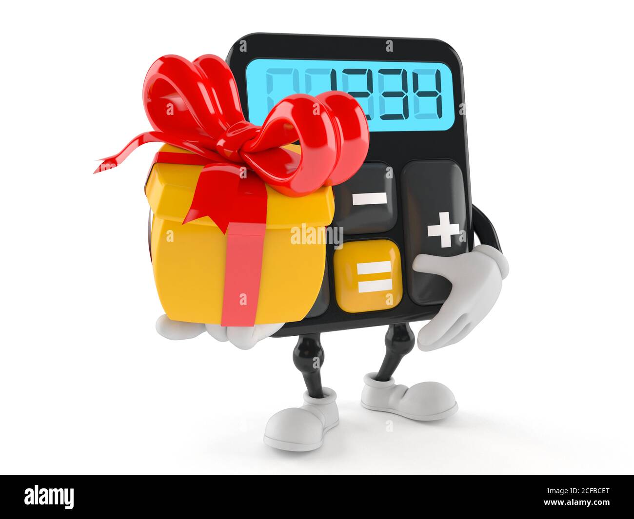 Calculator character holding gift isolated on white background Stock ...