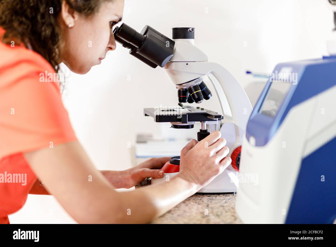 Back view of unrecognizable female doctor looking through modern ...