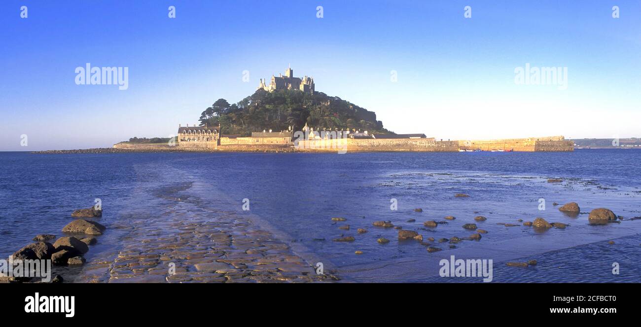 St Michaels Mount castle on a tidal island linked to mainland by man ...