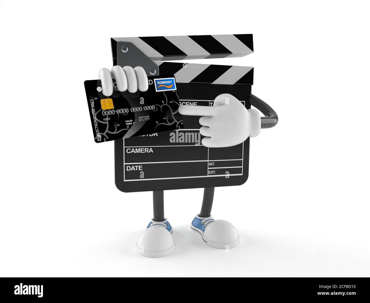 Film slate character with credit card isolated on white background ...