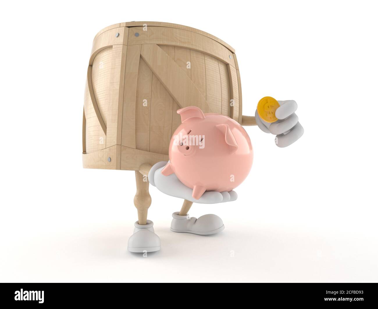 Crate character holding piggy bank isolated on white background Stock ...
