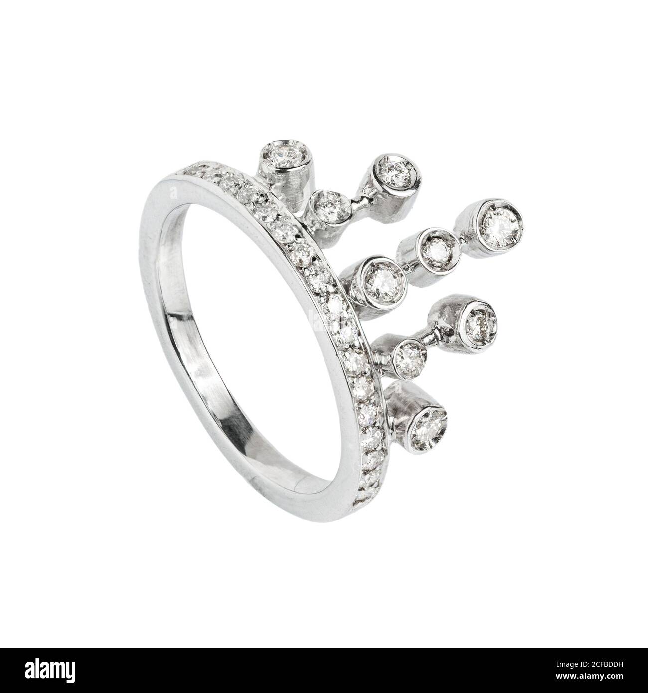 Silver diamond and gemstone wedding ring closeup macro isolated on ...