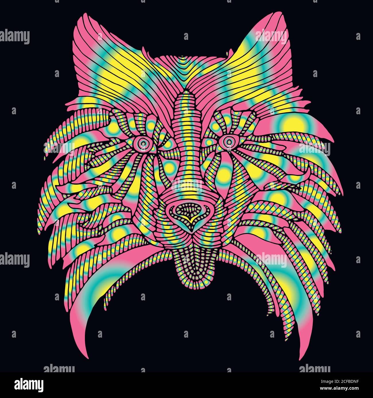 Dog head, bright psychedelic animal pattern, isolated on black b Stock ...