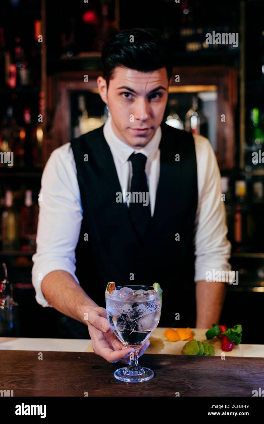 Young elegant barman working behind a bar counter mixing drinks with ...