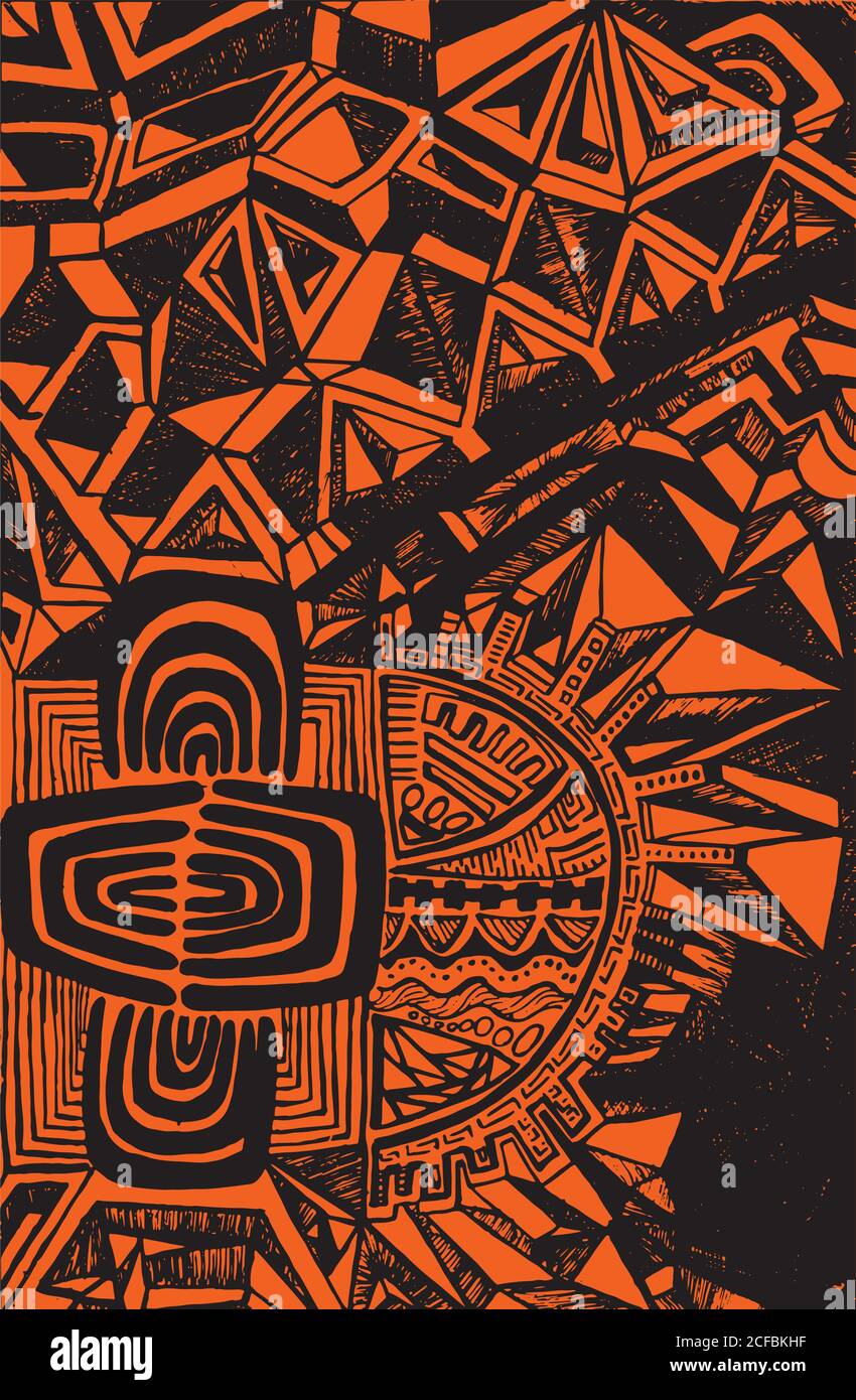 Bright, ethnic pattern, black outline on an orange background, a Stock ...