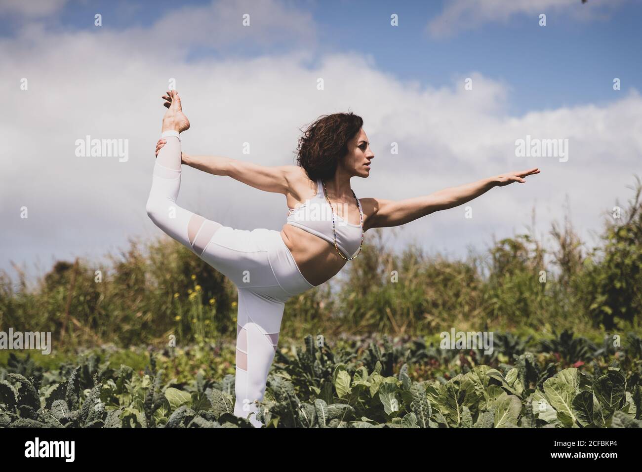 Strong female in dancer pose while practicing yoga Stock Photo - Alamy