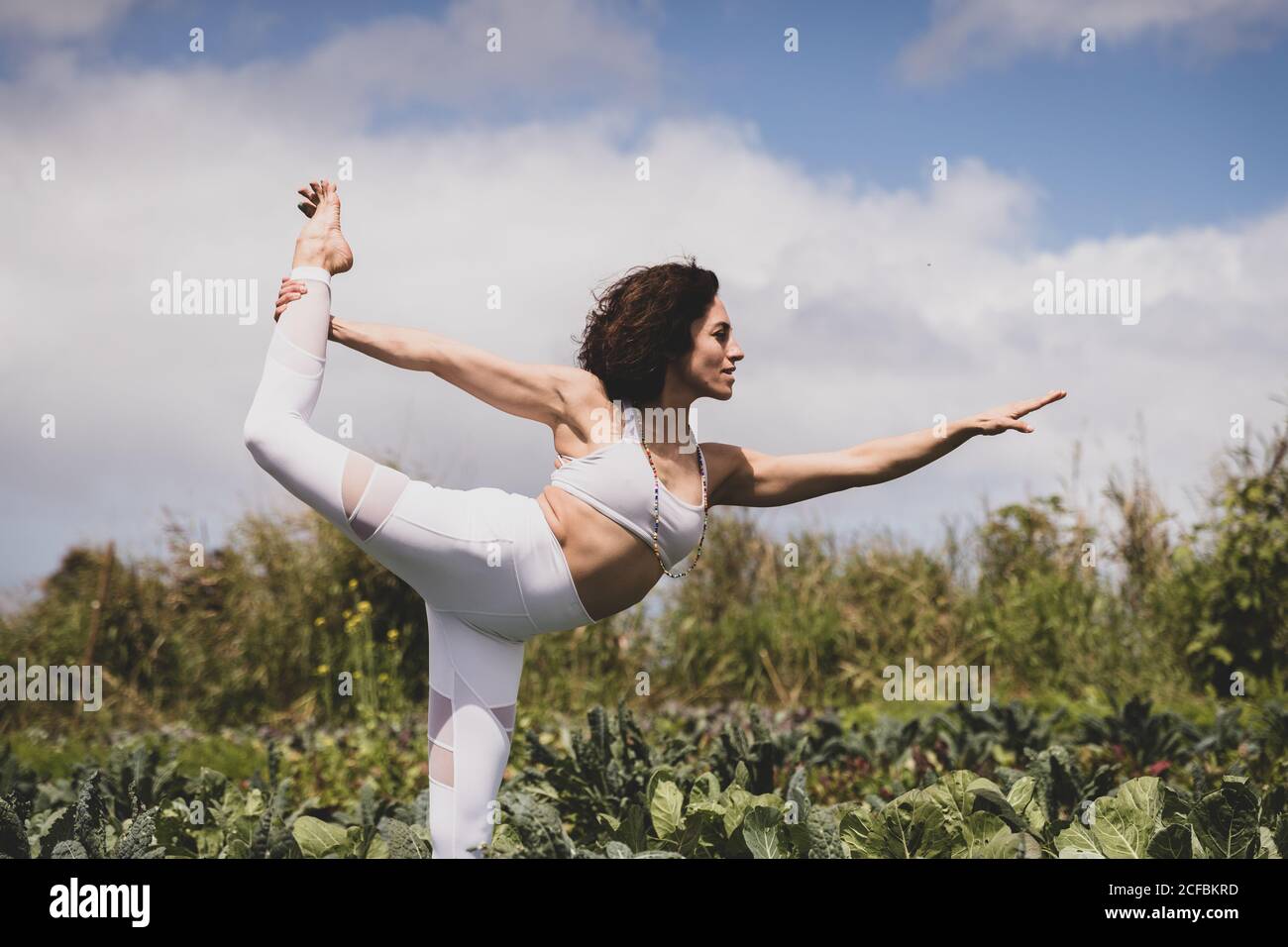 Female yogi in dancer's pose in a field Stock Photo - Alamy