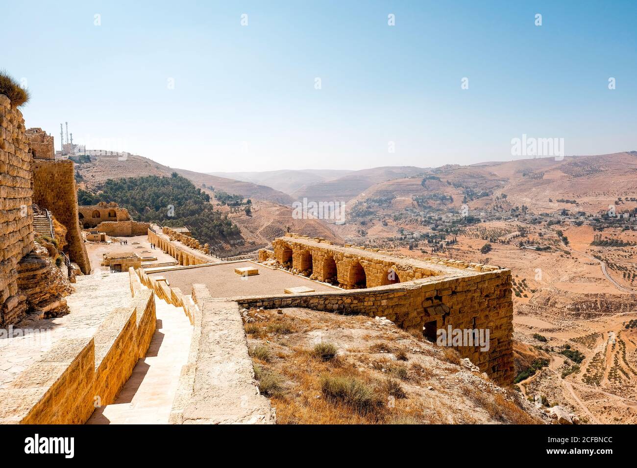 The ruins of Kerak Castle overlooking countryside in Jordan Stock Photo ...