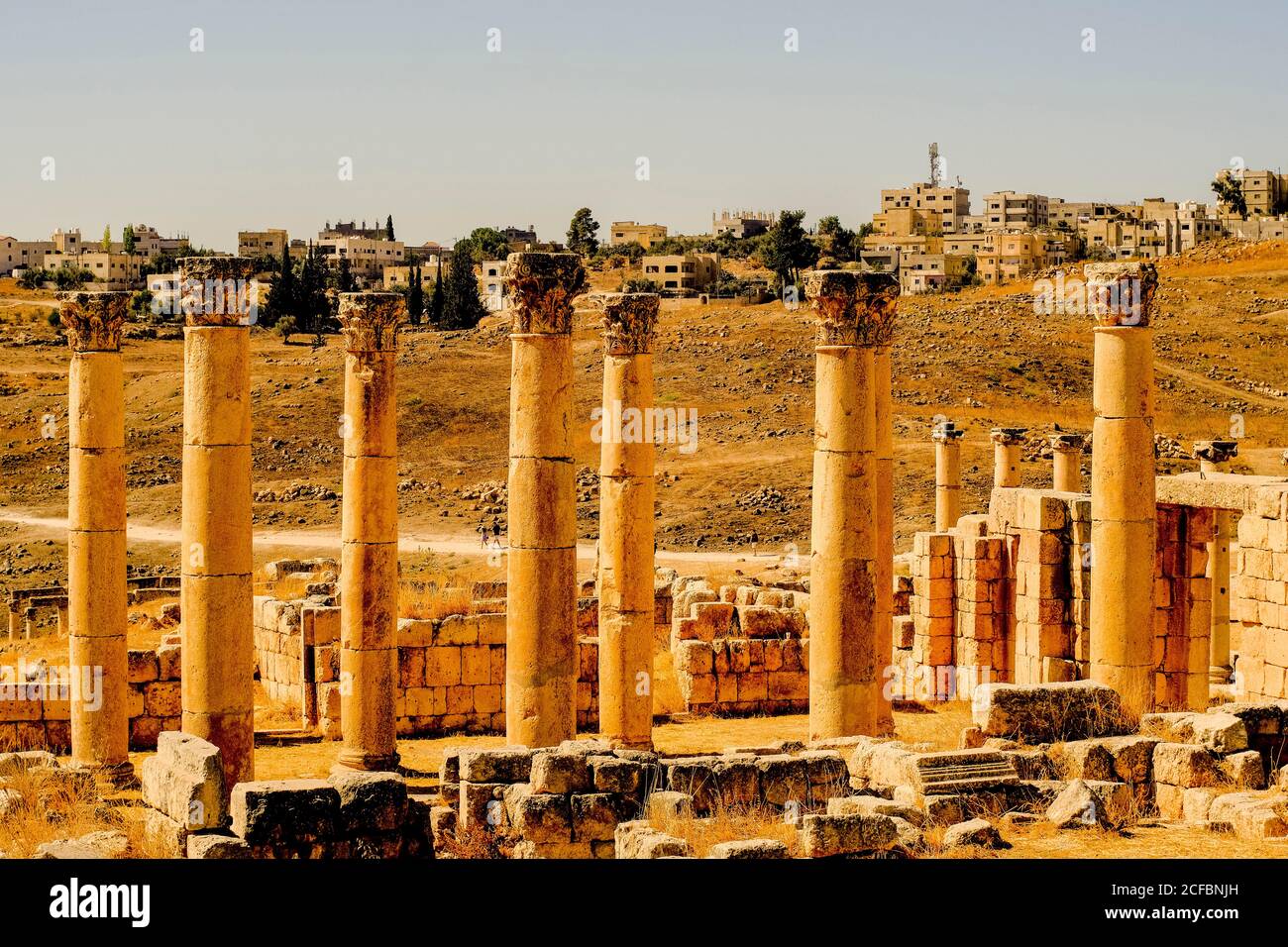 Ancient Roman columns in the ruined city of Jerash, Jordan Stock Photo ...