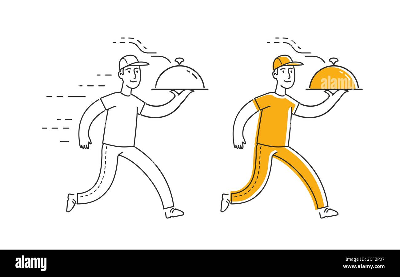Food delivery symbol. Deliveryman carries restaurant cloche Stock ...
