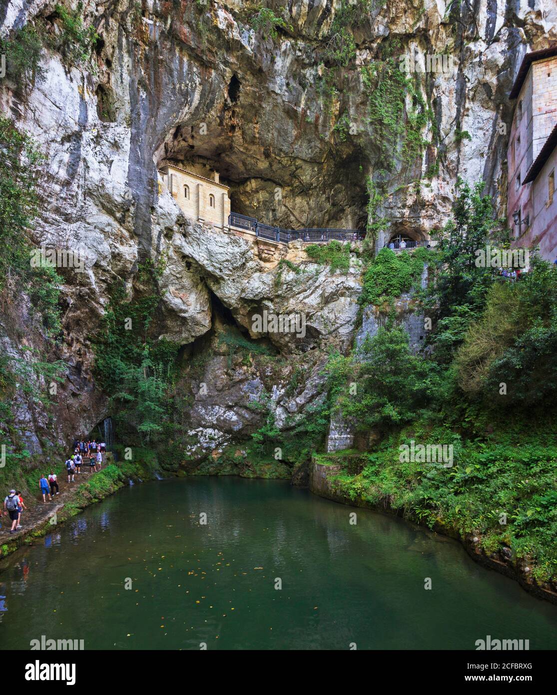 Holy cave of Covadonga in Asturias (Spain) with the hermitage and river ...
