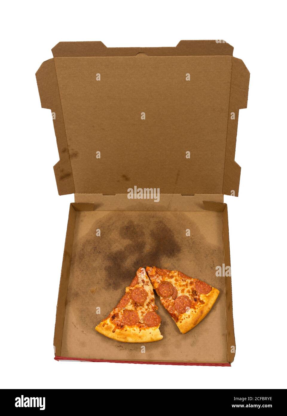 Overhead vertical shot of two slices of pepperoni pizza left in ...