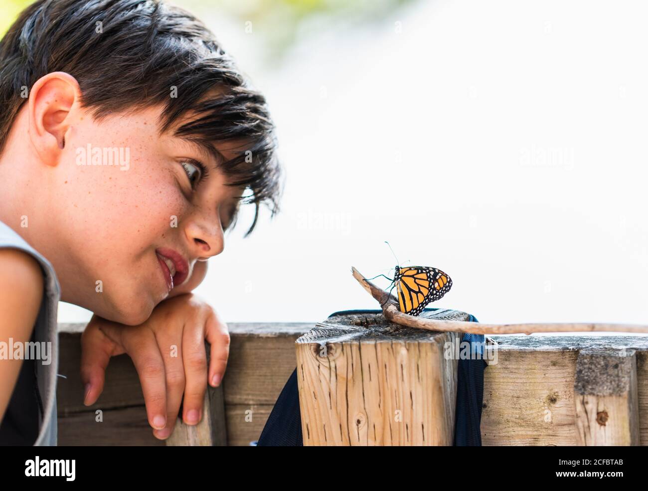 Young boy looking at a monarch butterfly resting on a deck railing ...
