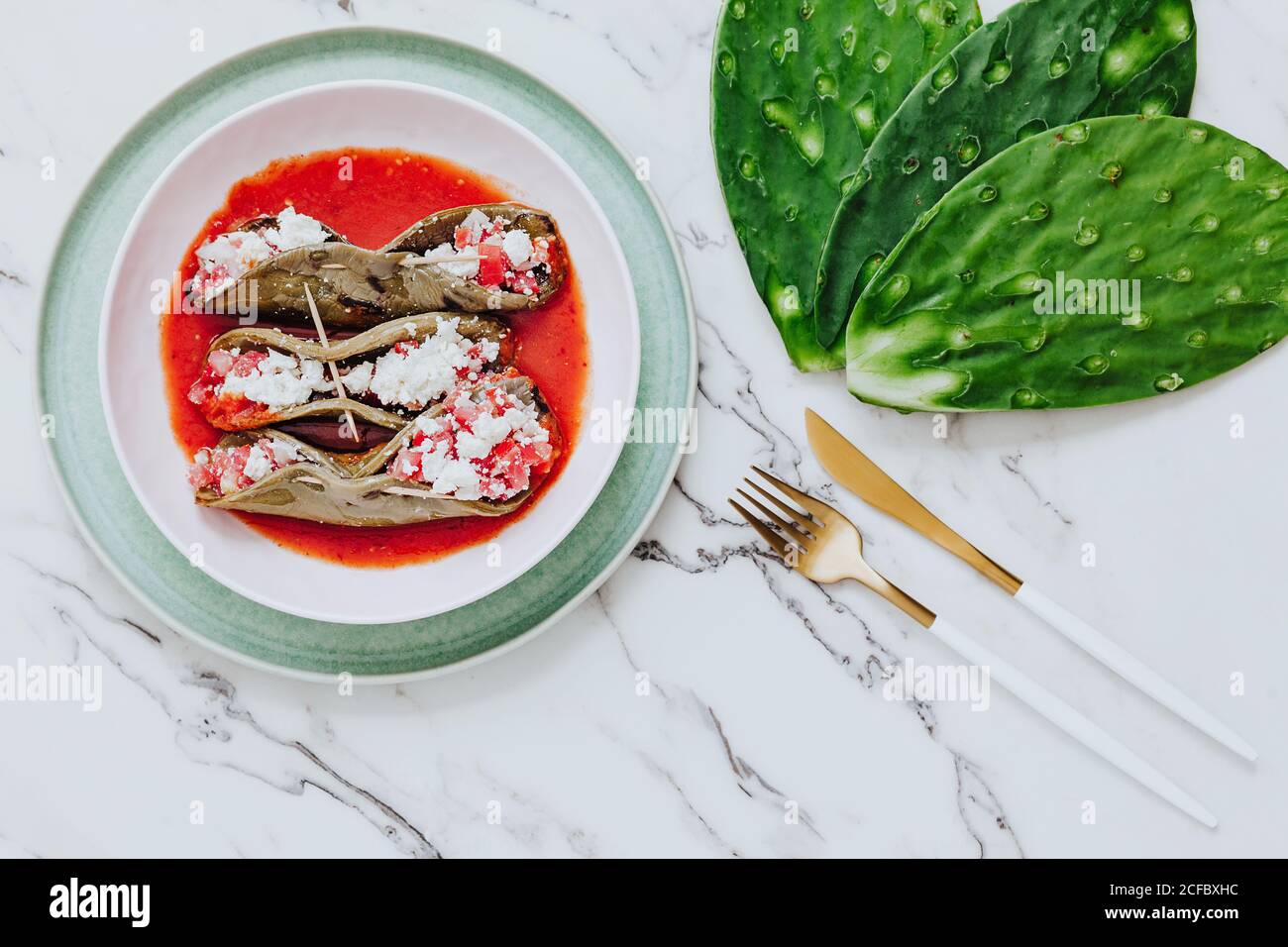 From above appetizing roasted cactus leaves with tasty mix in tomato ...