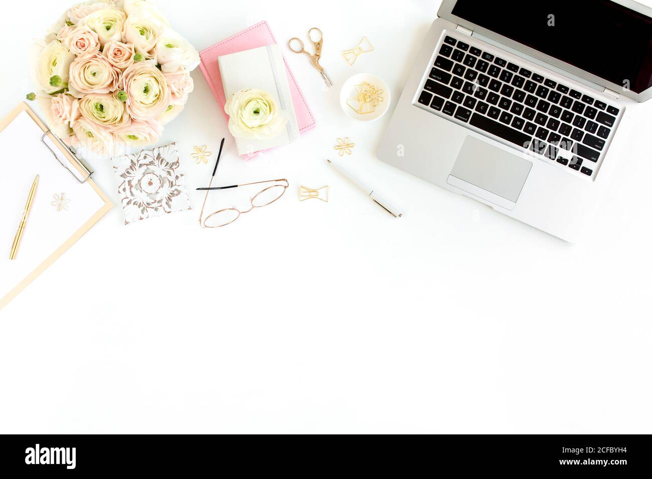 Stylized women's home office desk. Workspace with laptop, computer ...