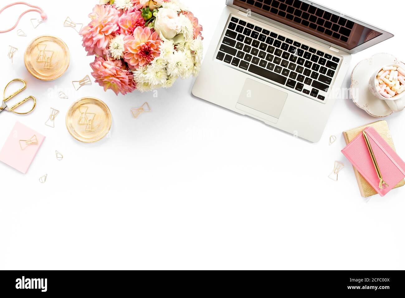 Stylized women's home office desk. Workspace with laptop, computer ...