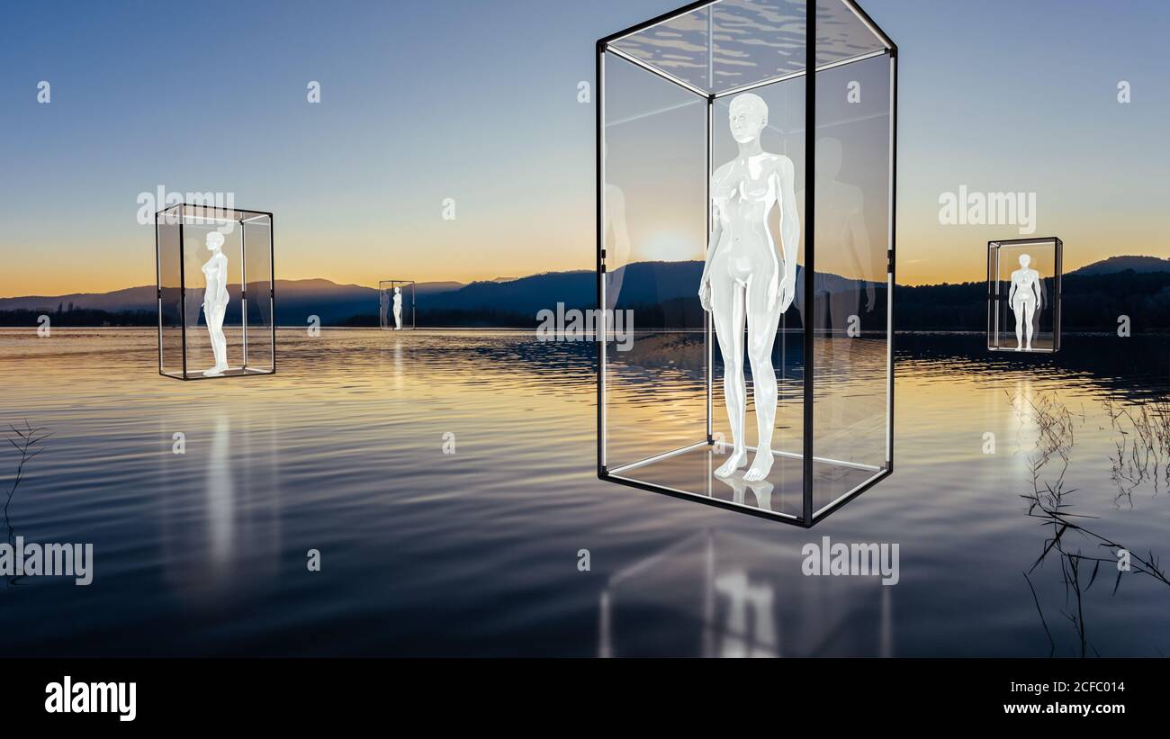 Humans protected and isolated from the outside in a glass box. Social ...