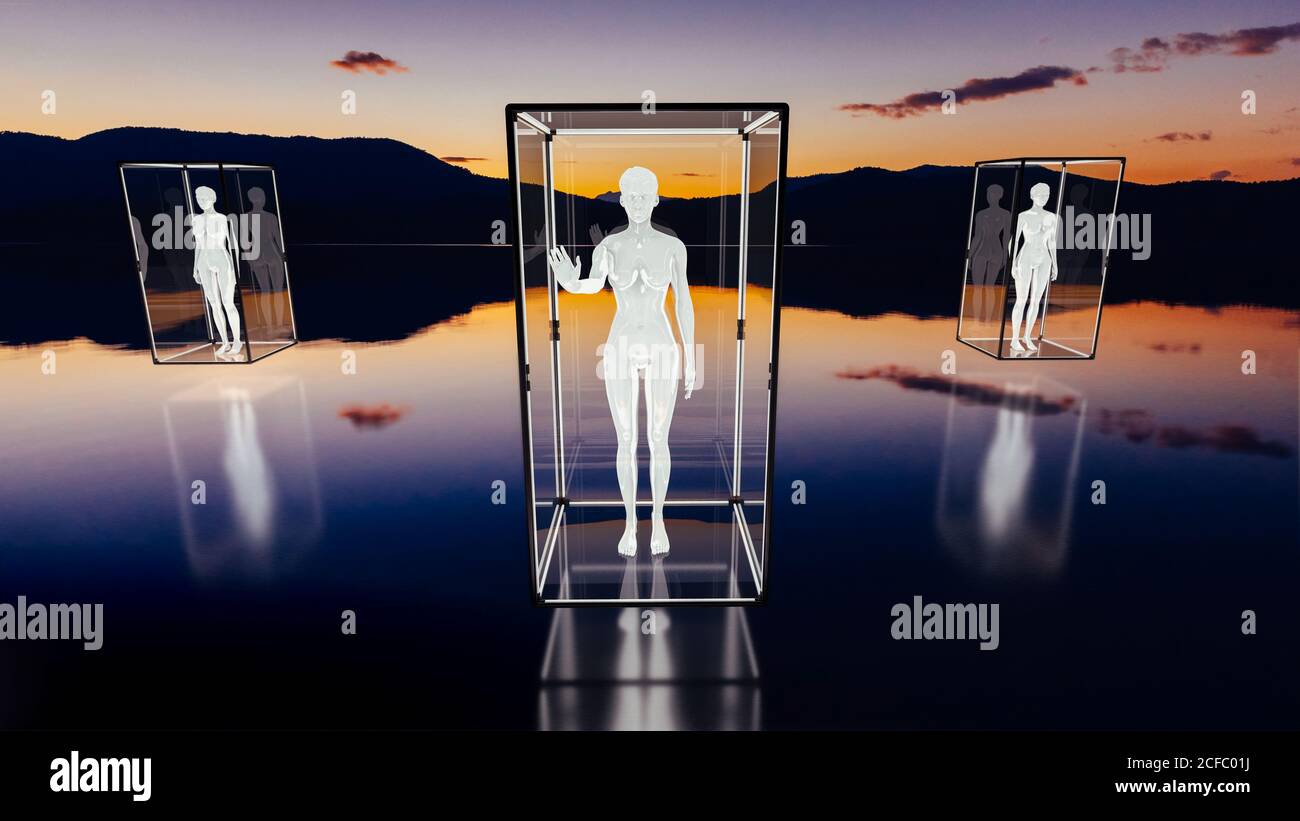 Humans protected and isolated from the outside in a glass box. Social ...