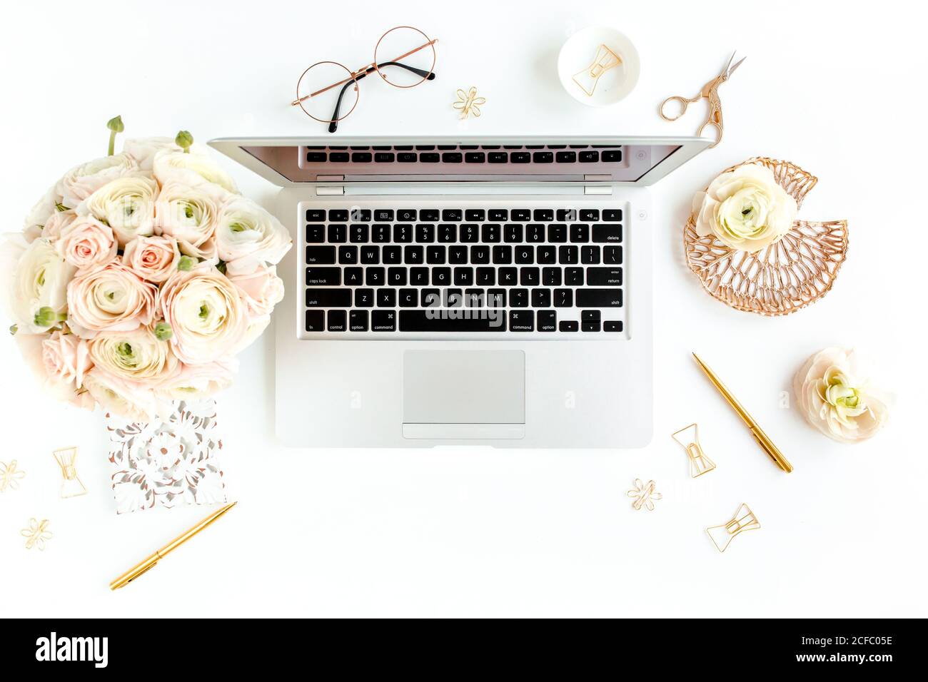 Stylized women's home office desk. Workspace with laptop, computer ...