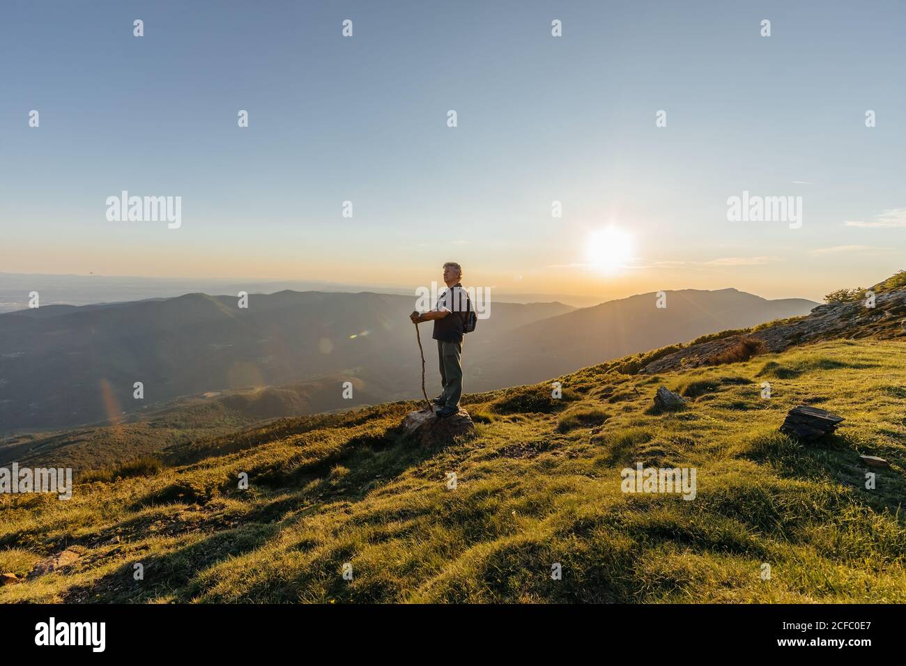 Side view of a senior man with back pack and wood stick hiking through ...