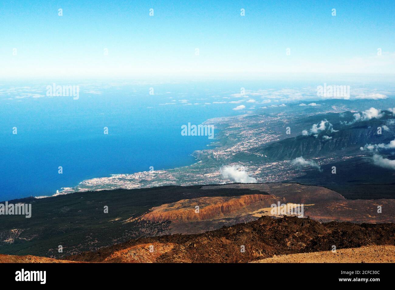 Aerial view of seaside and wild area beside volcano located on island ...