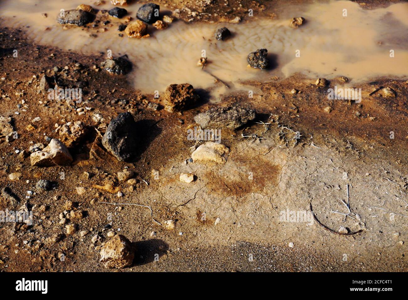 From above swamp with turbid muddy water brown soil and black rocks ...