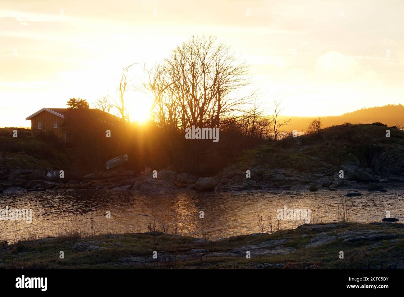 Tranquil woods with rocks rock at lake in sun rays Stock Photo - Alamy