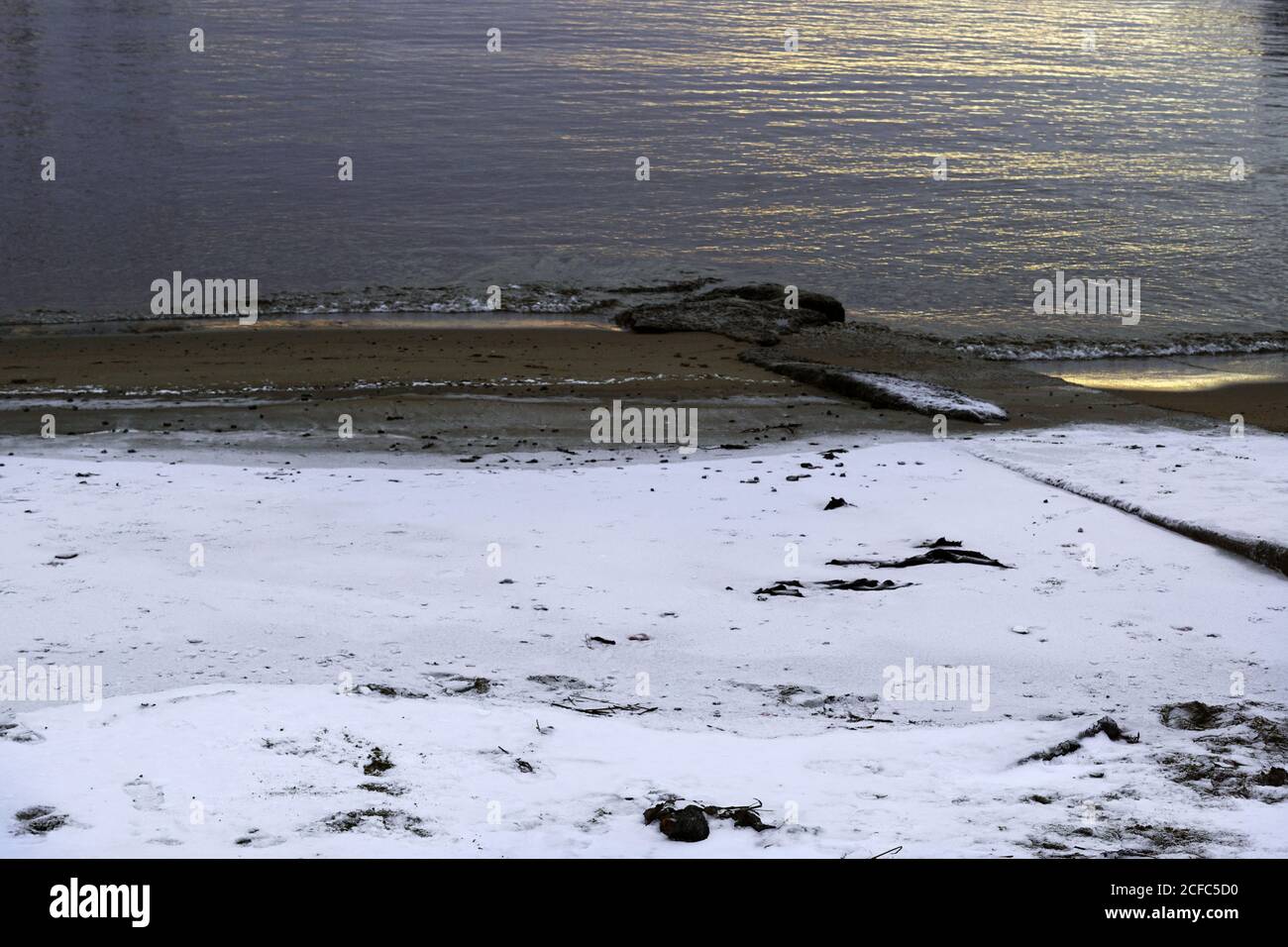 Quiet beach covered with snow and peaceful waterfront on cold winter ...
