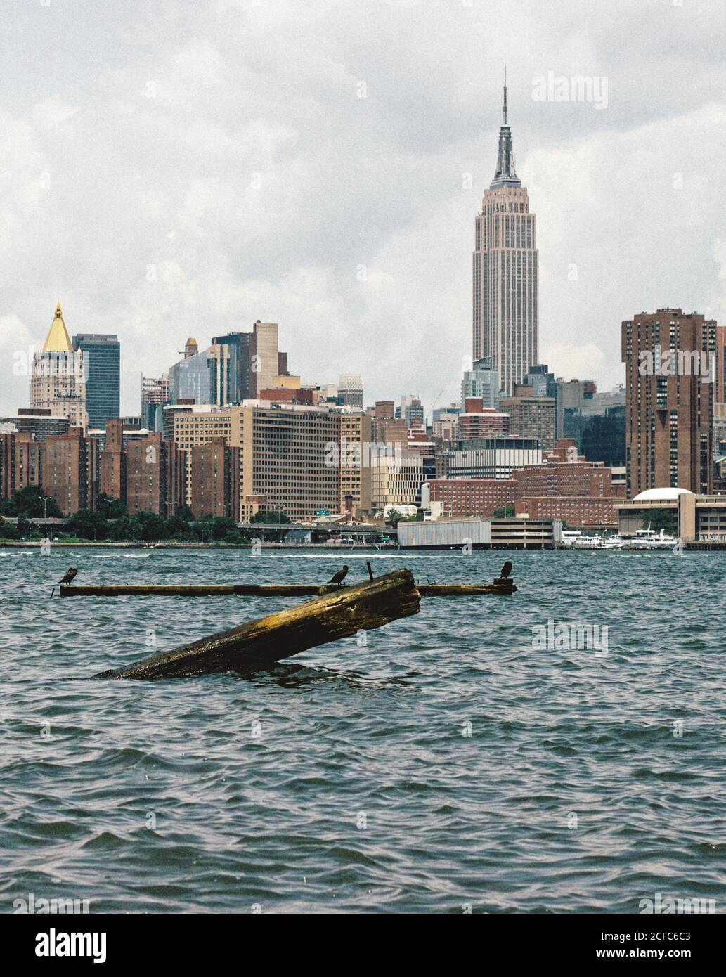 Rippled water of city bay with view of New York City on embankment in ...