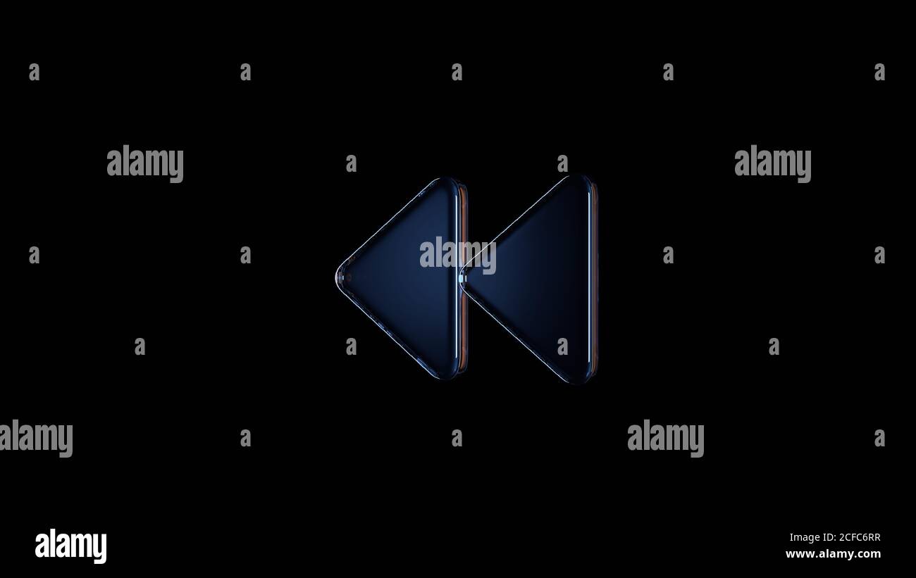 3d Rendering Glass Symbol Of Double Fast Backward Left Triangle Rounded Arrows Isolated On Black