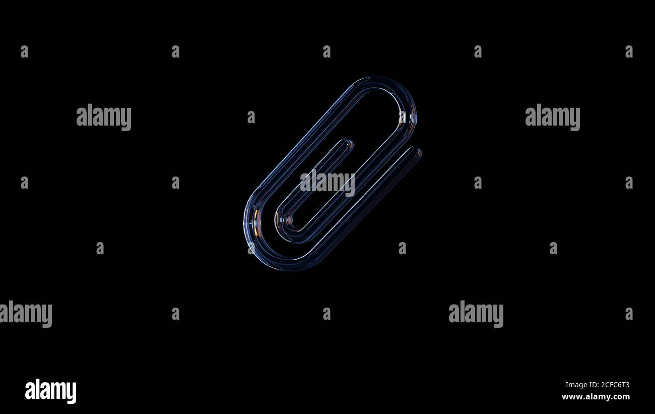 3d rendering glass symbol of paper clip as attachment isolated on black ...