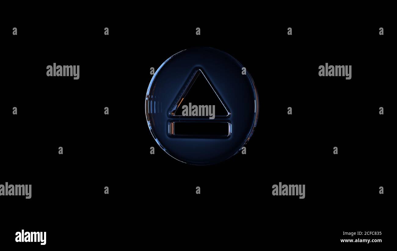 3d rendering glass symbol of eject symbol in circle isolated on black ...