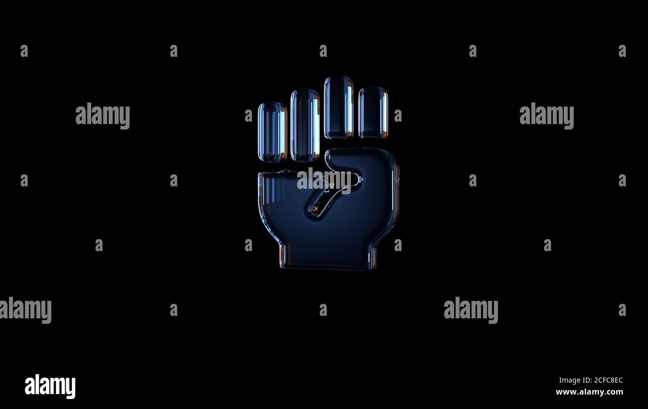 3d rendering glass symbol of fist raised gesture isolated on black ...