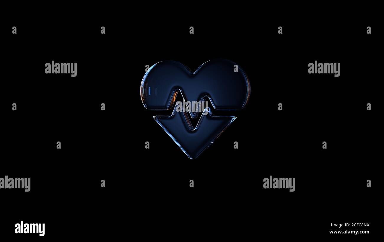 3d rendering glass symbol of heart with pulse curve isolated on black ...