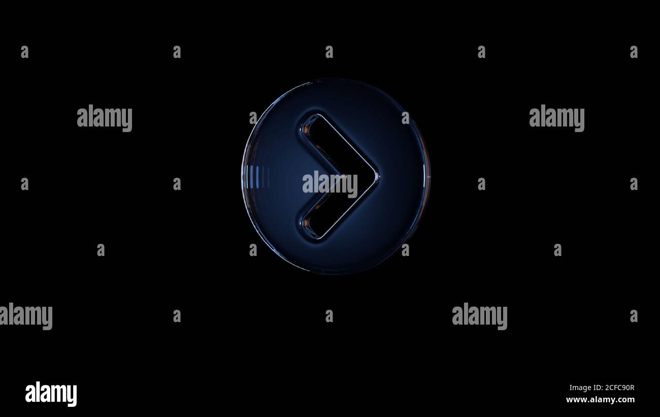 3d rendering glass symbol of right chevron in circle isolated on black ...