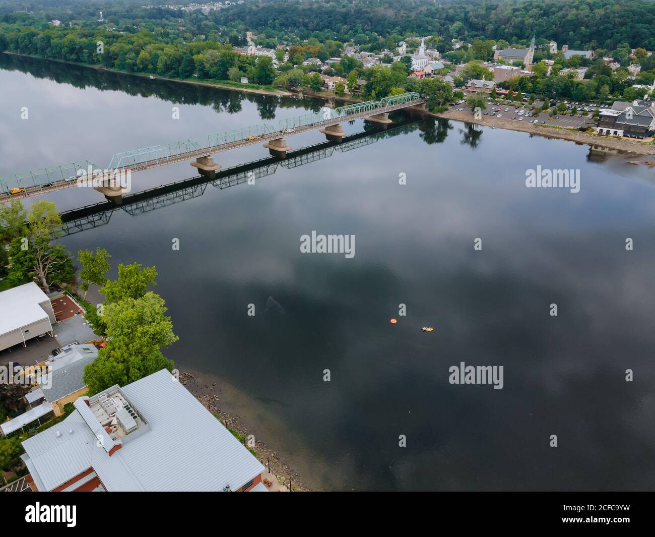 The view of aerial Delaware river, bridge across the in the historic ...