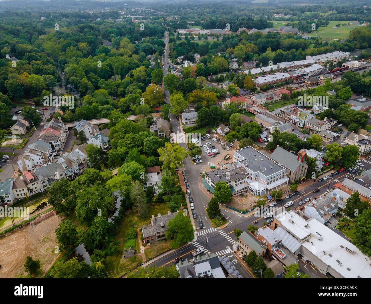 Aerial of overhead view of historic city New Hope Pennsylvania the ...