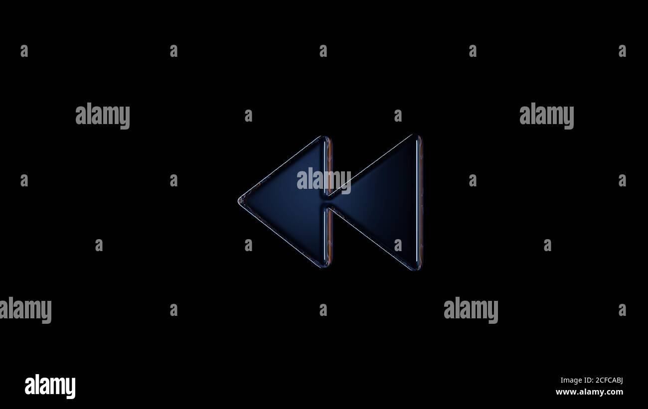3d rendering glass symbol of rewind sign isolated on black background ...