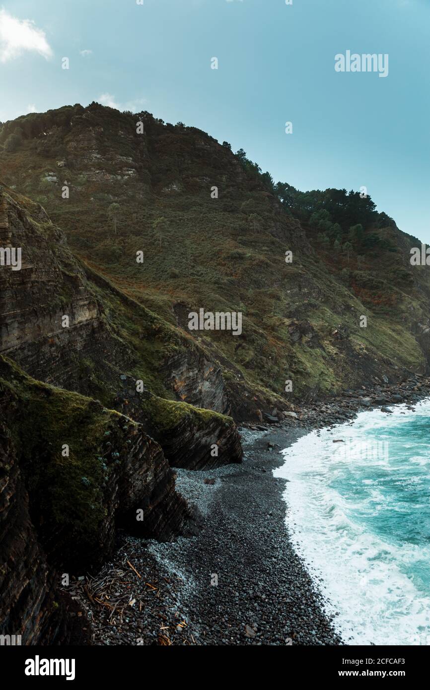 Scenery view of ocean with pure water and waves forming foam while ...